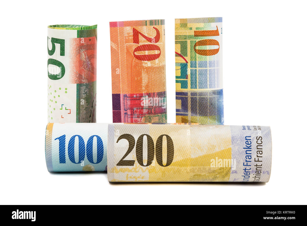 Set of rolled swiss franc banknotes isolated on white background with ...