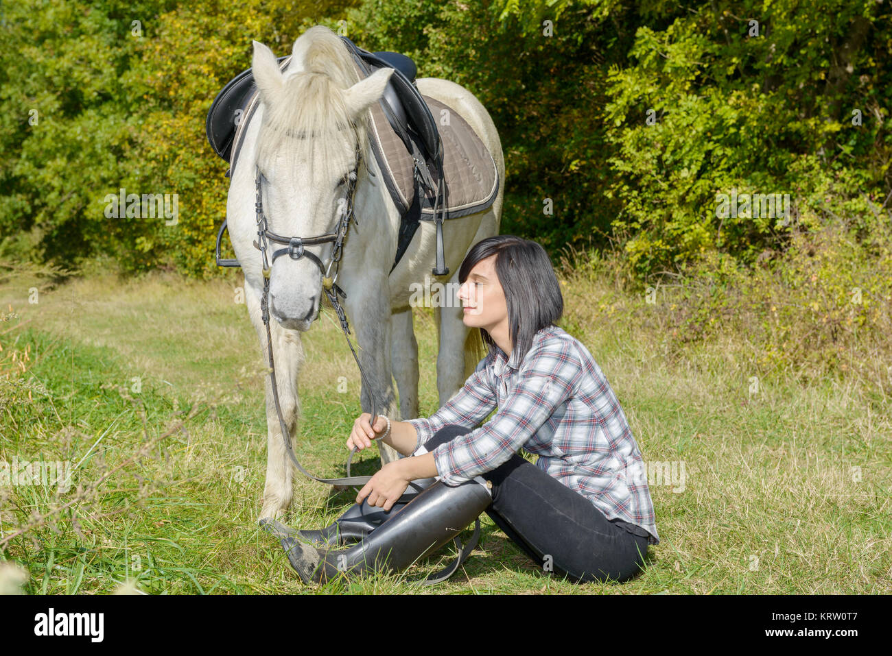 pretty young woman with white horse riding Stock Photo - Alamy