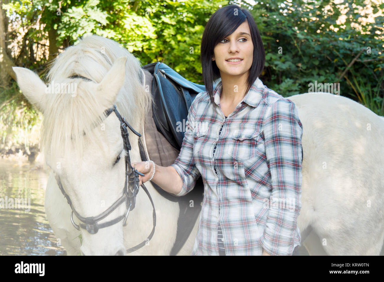 Portrait of a pretty young woman with white horse riding Stock Photo ...