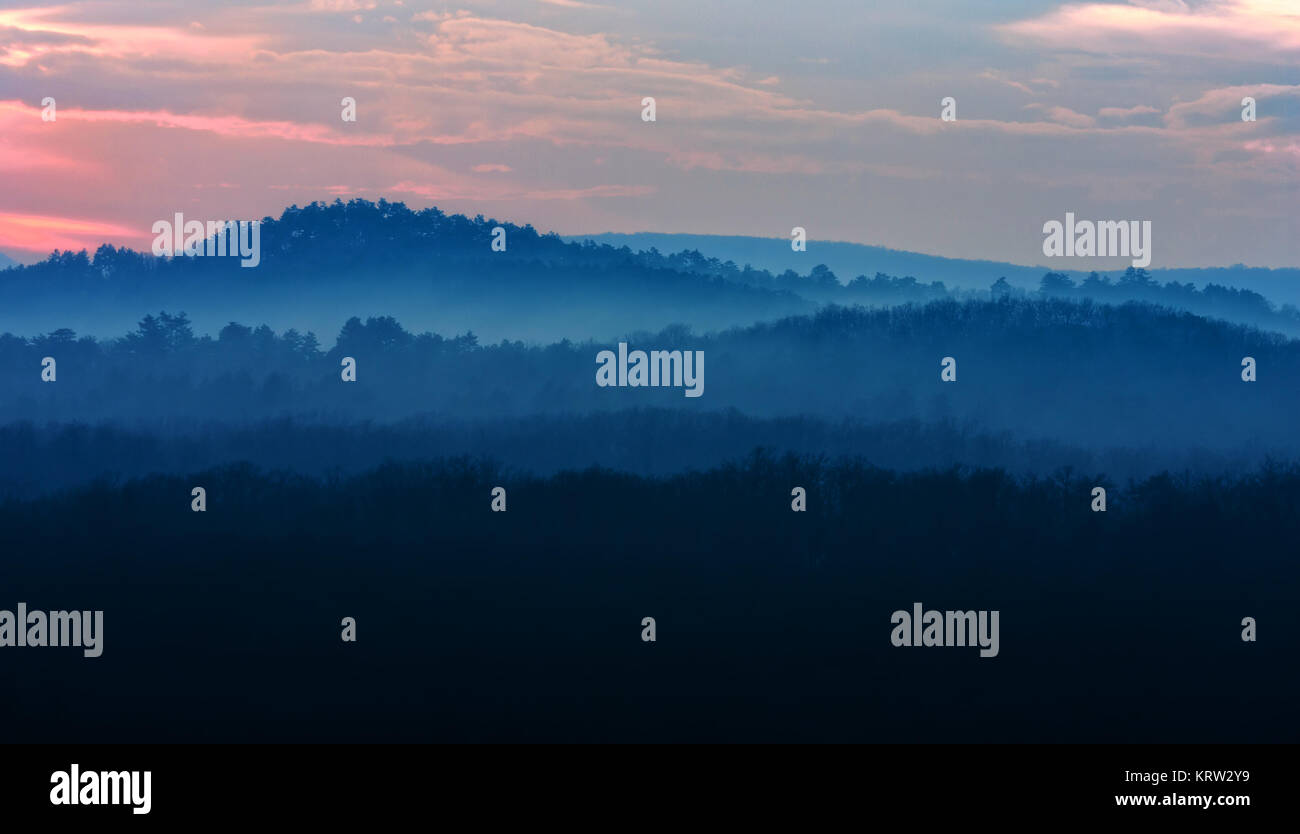 Sunset over the forest Stock Photo - Alamy