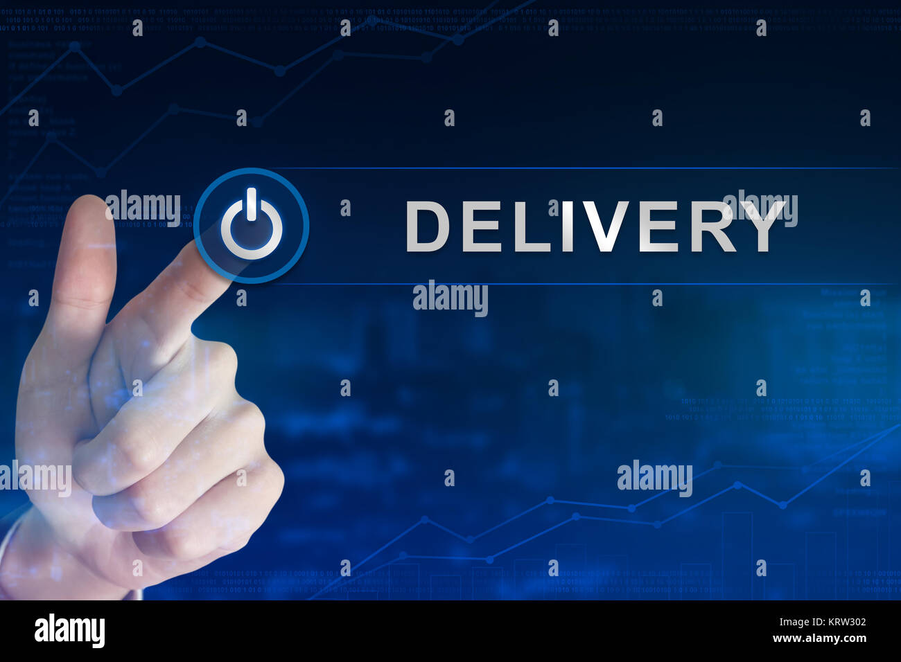 business hand clicking delivery button Stock Photo - Alamy