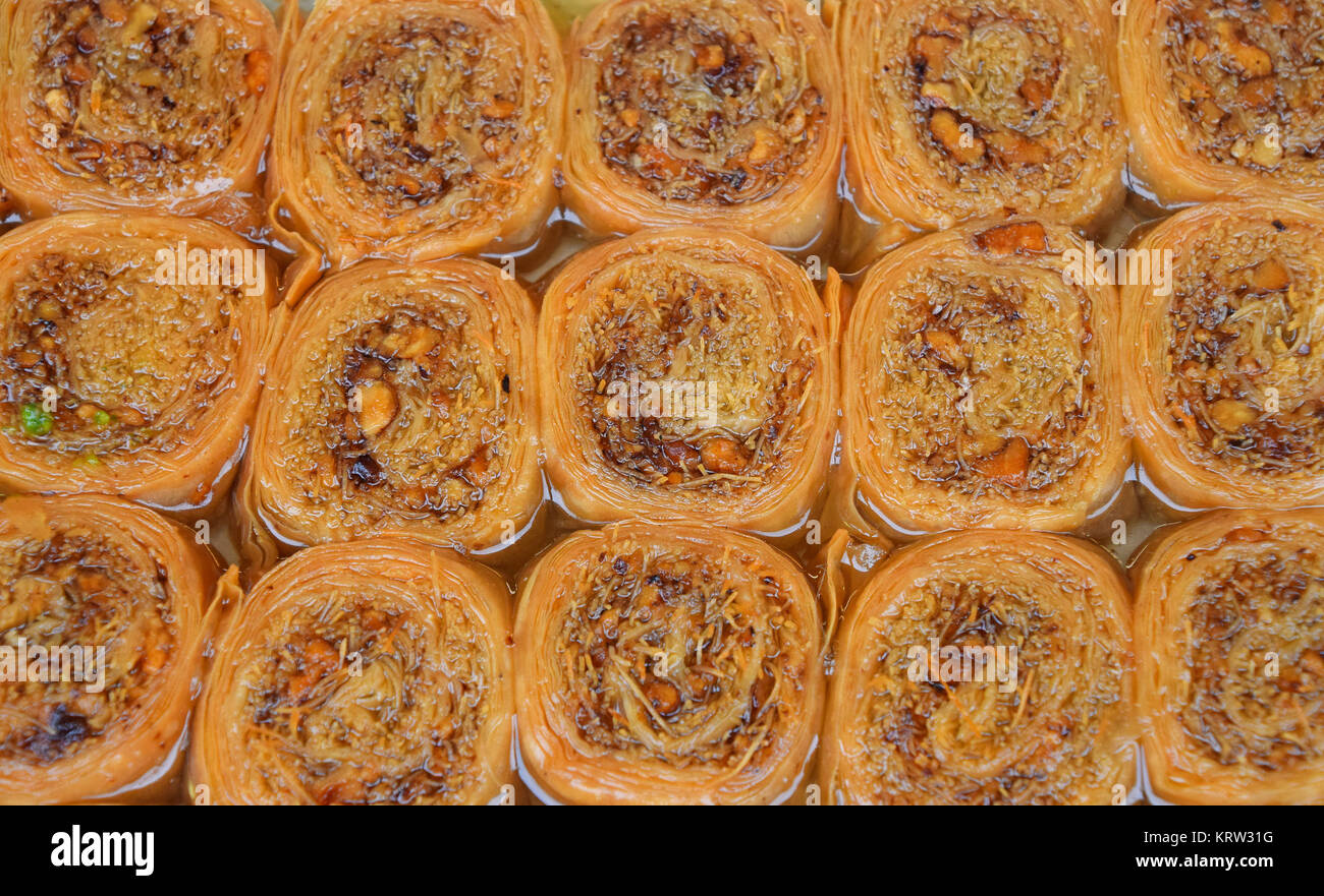 Baklava round cookies in retail market display Stock Photo - Alamy