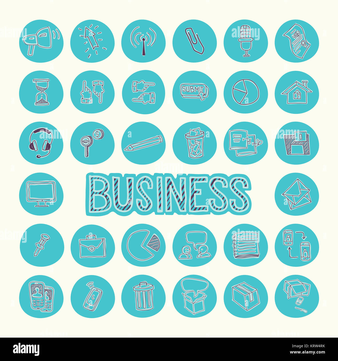 Hand drawn illustration icons set of business. Blue circle Stock Photo ...