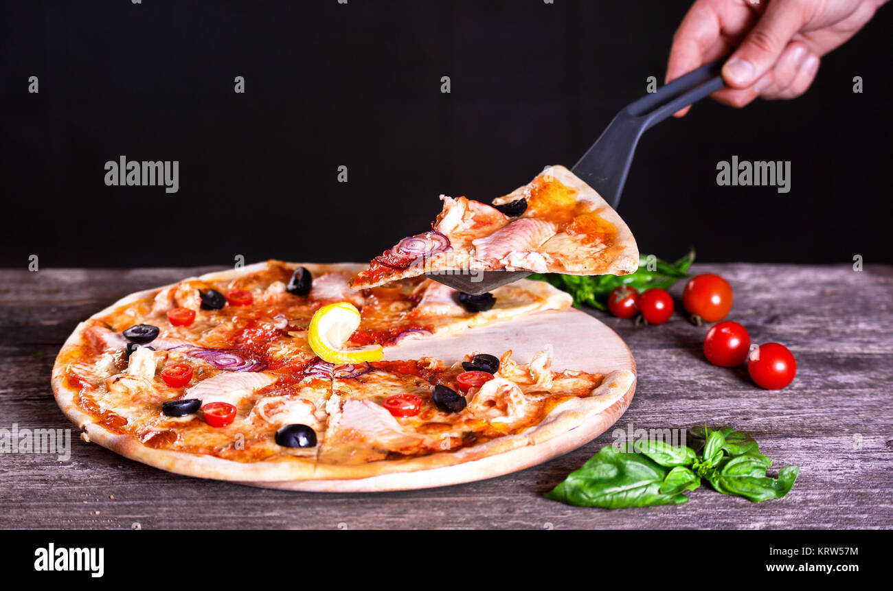 Pizza with red fish and mozzarella on the wooden. Top view Stock Photo ...