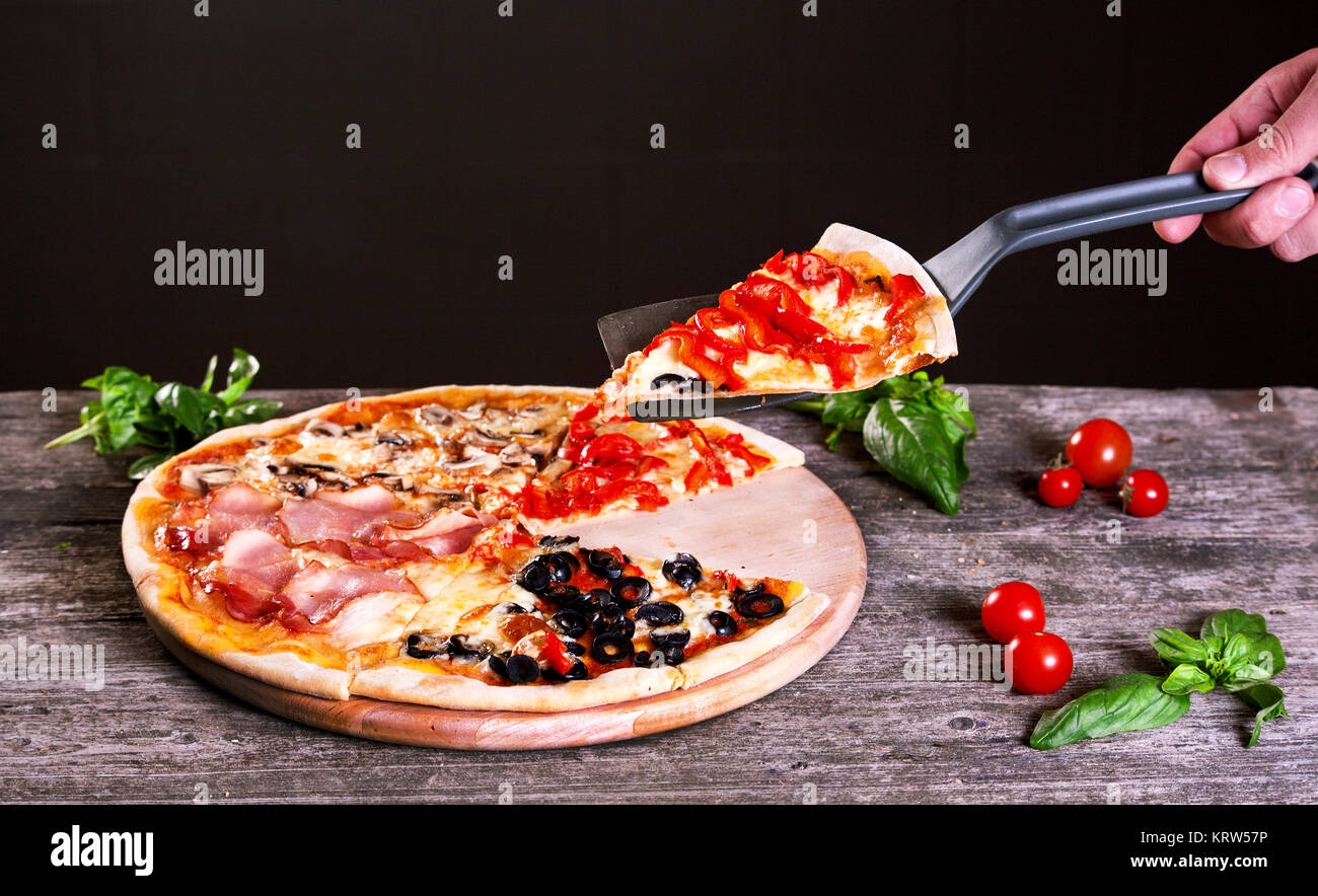 Pizza with red fish and mozzarella on the wooden. Top view Stock Photo ...