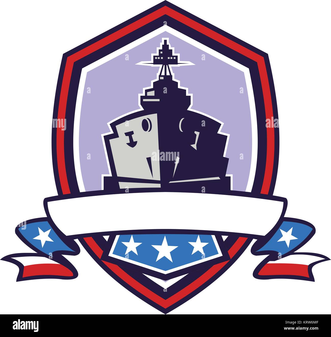 Retro style illustration of a battleship or naval destroyer with stars ...