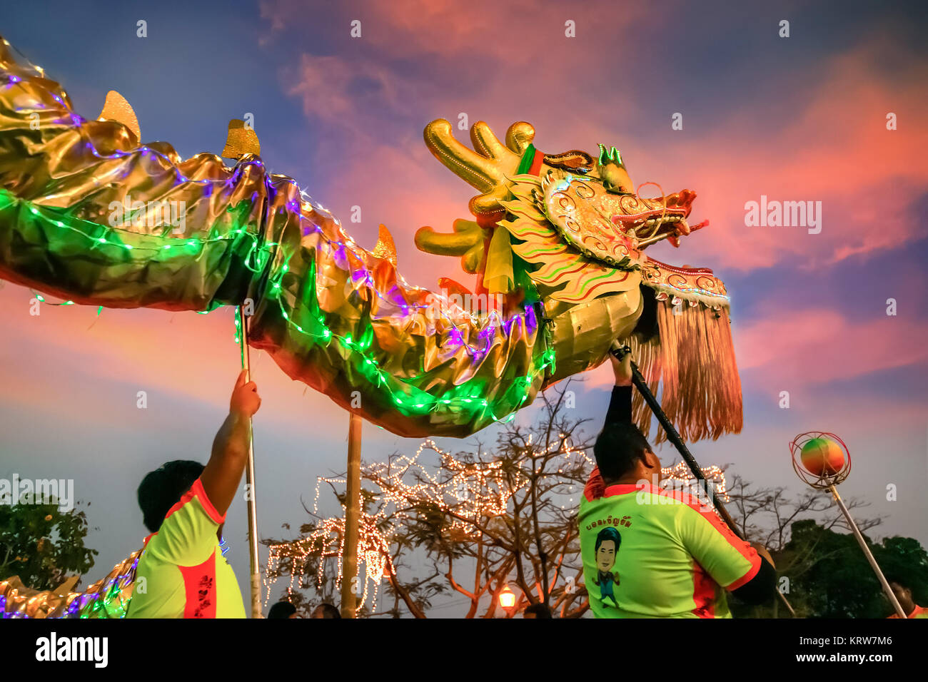 BANGKOK, THAILAND - FEBUARY 20: A group of people perform a dragon dance during Chinese new year ...