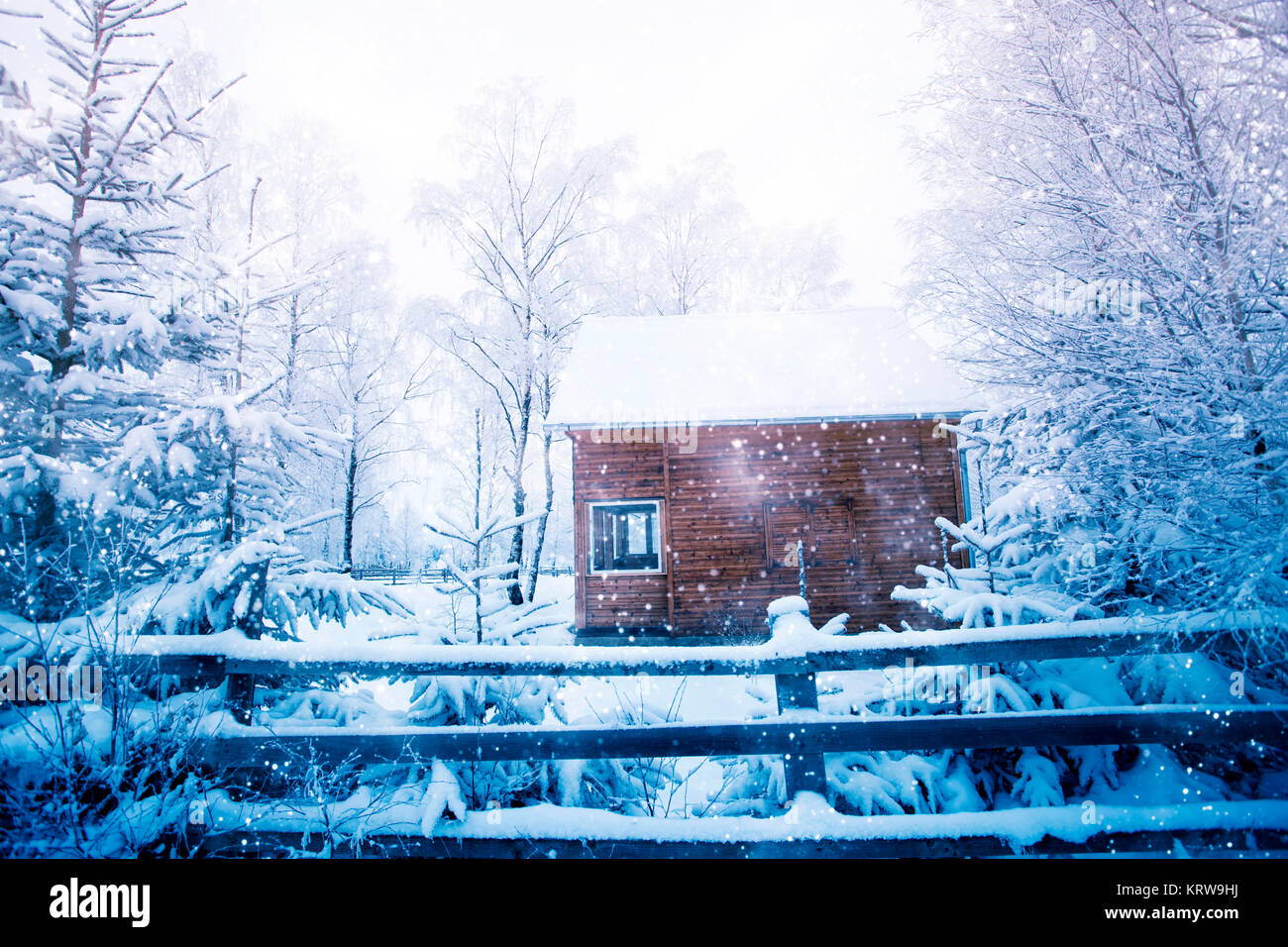 Winter landscape with mountain cottage Stock Photo - Alamy