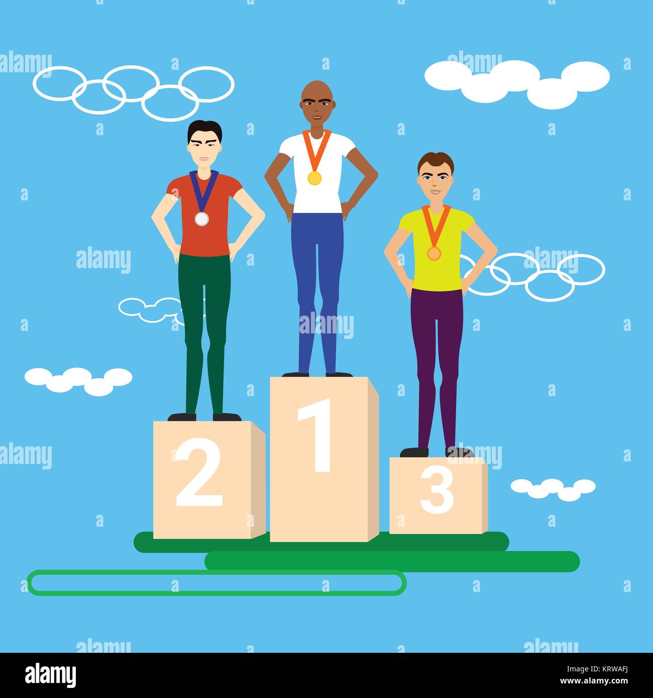 Winners Award Three Athletes Standing On Reward Podium Getting Medals ...