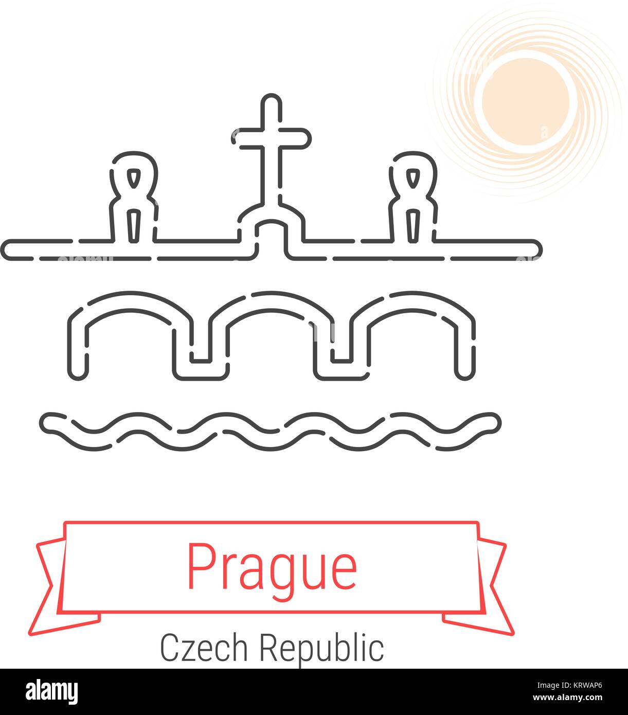 Prague, Czech Republic Vector Line Icon with Red Ribbon Isolated on ...