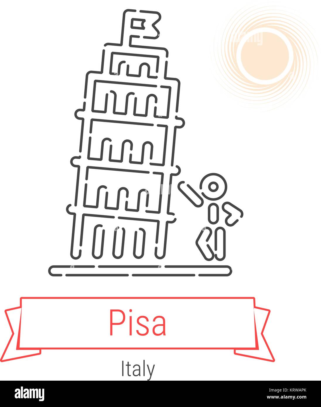 Pisa, Italy Vector Line Icon with Red Ribbon Isolated on White. Pisa ...
