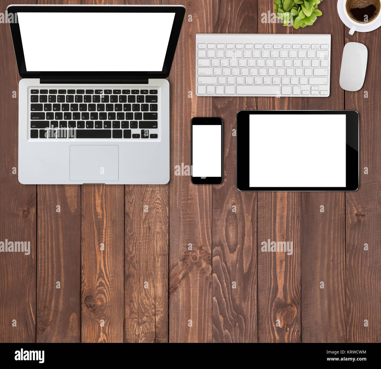 communication computer device technology on top view, mock-up phone and ...