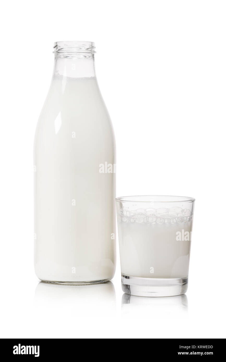 glass cup and bottle full of milk, on white background Stock Photo - Alamy