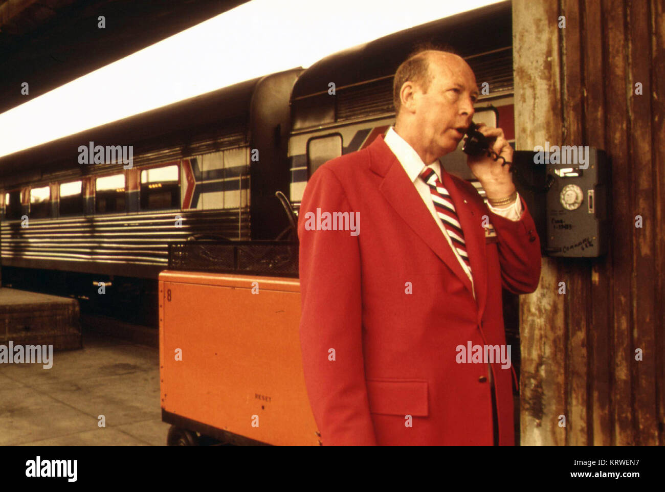 An amtrak employee on the phone at Los Angeles Union Passenger Terminal ...