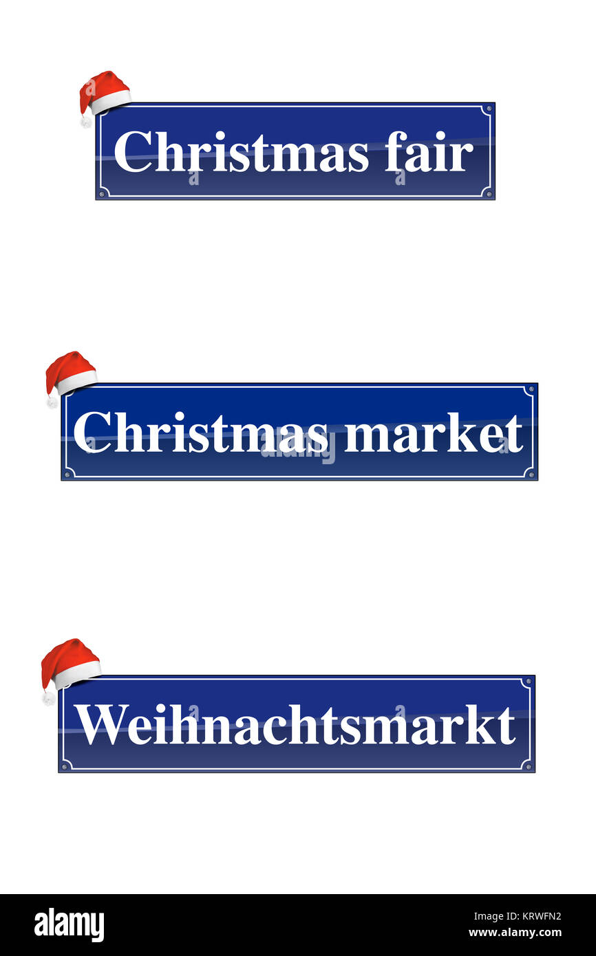 Christmas market signs with a Santa Claus hat Stock Photo - Alamy