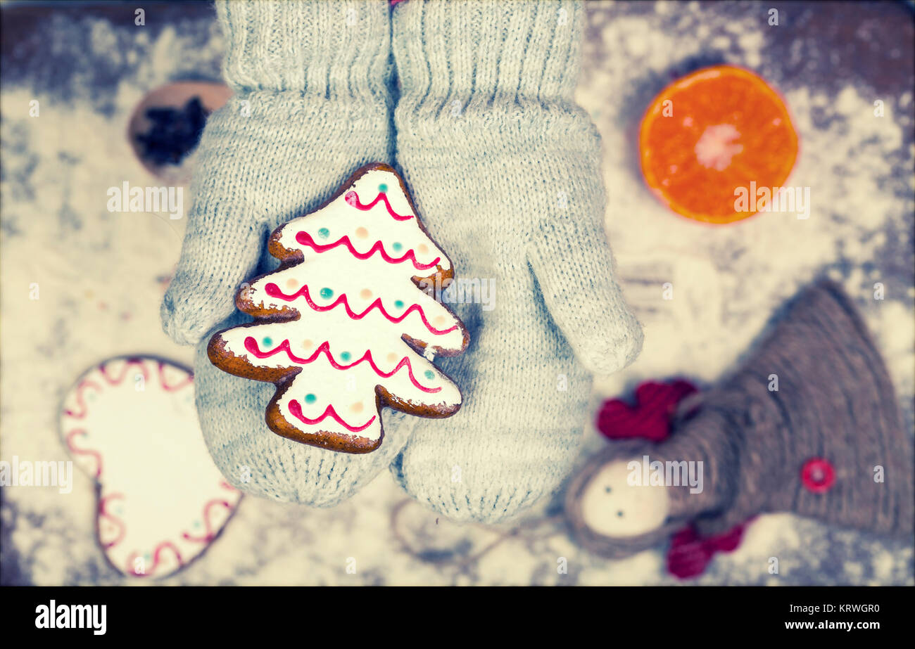 Child hands in gloves holding gingerbread cookie Stock Photo - Alamy