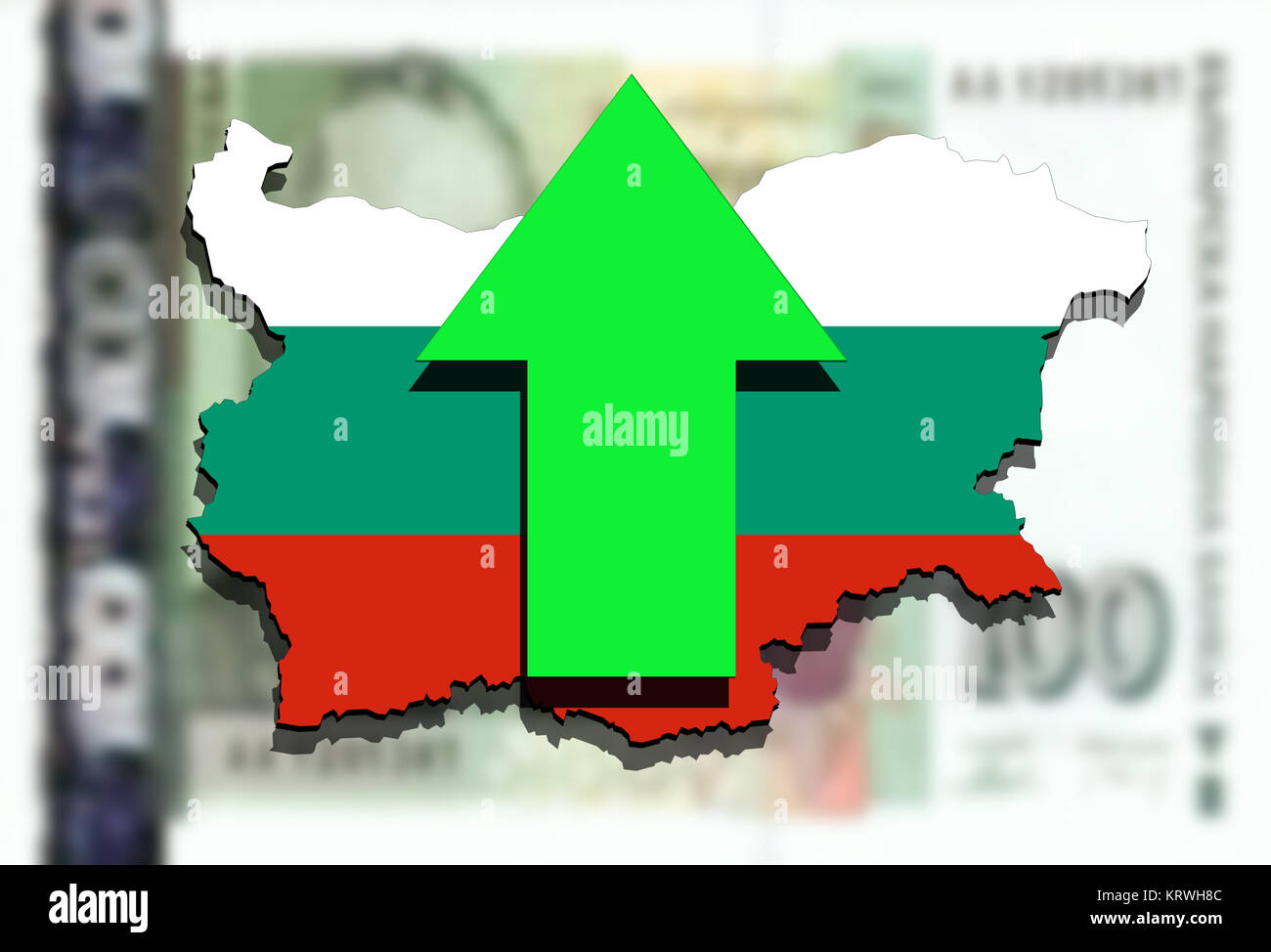 Bulgaria map on Bulgarian Lev money background and green arrow up Stock ...