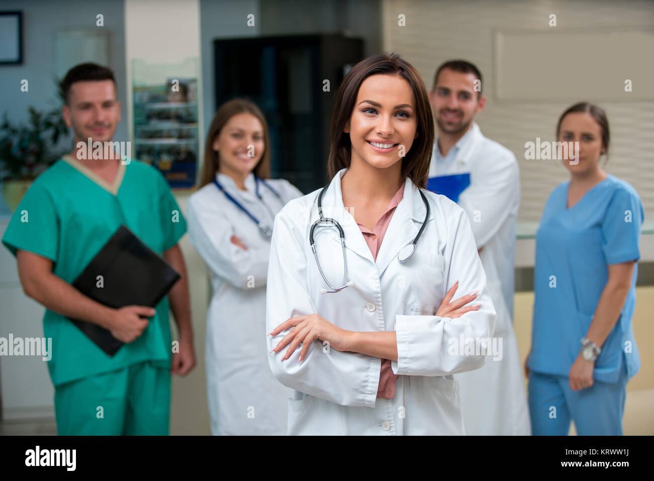 clinic, profession, people, health care and medicine concept - happy ...