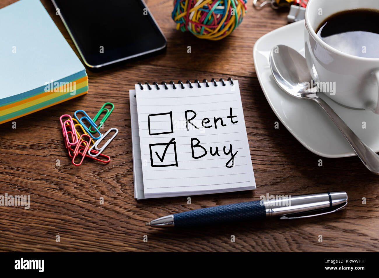Notepad Showing Buy Or Rent Option Stock Photo - Alamy