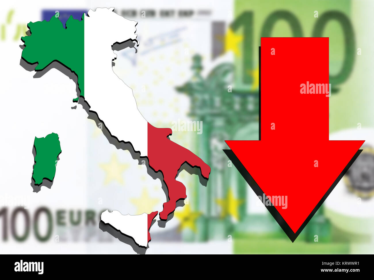 Italy map on Euro money background and red arrow down Stock Photo - Alamy