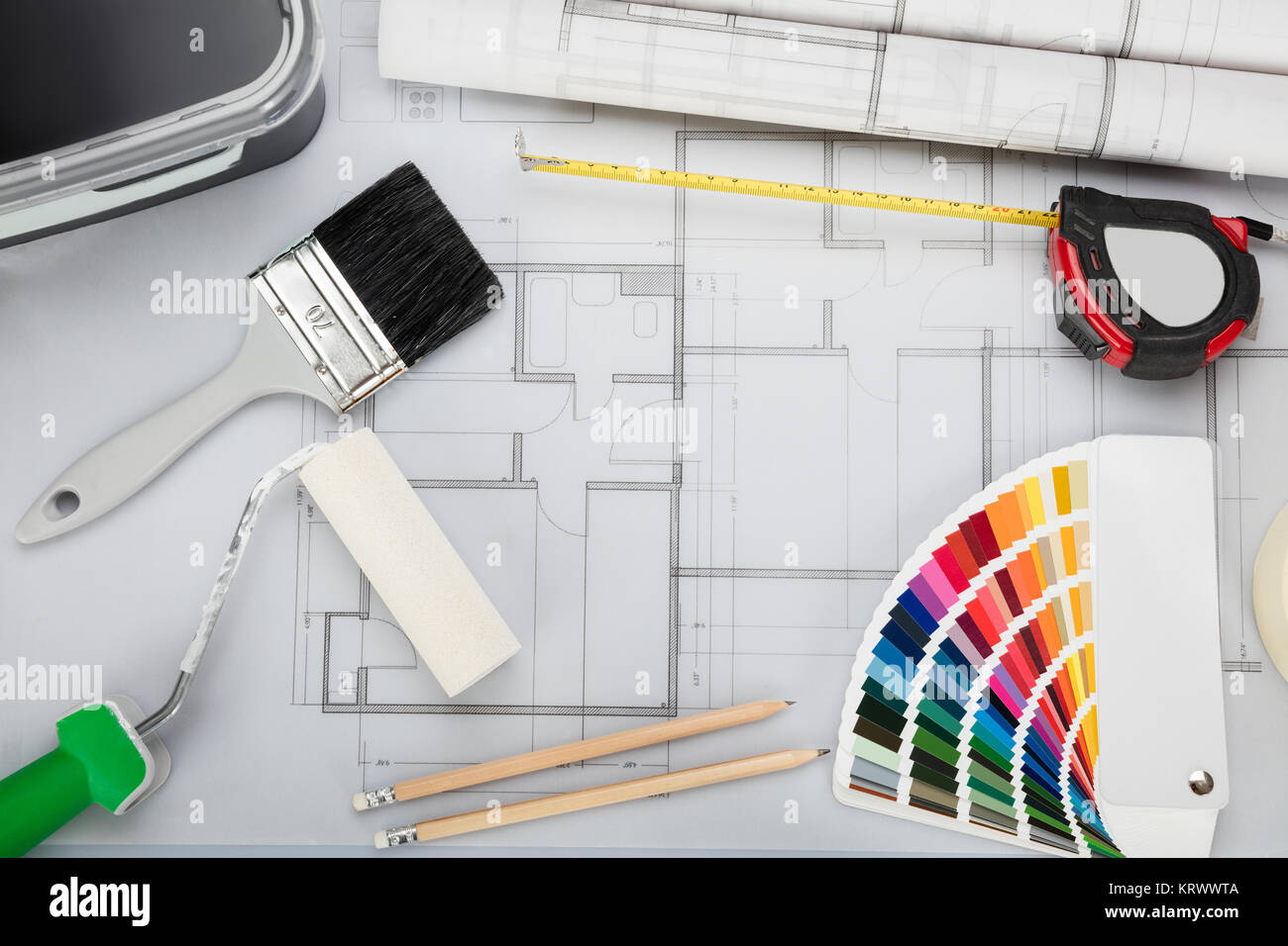 Blueprint With Tools And Equipment On Desk Stock Photo - Alamy