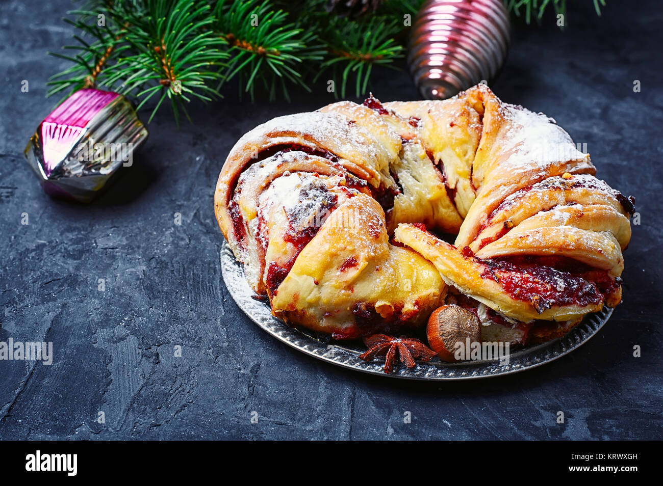 Christmas bun background with Christmas tree and decorations Stock ...