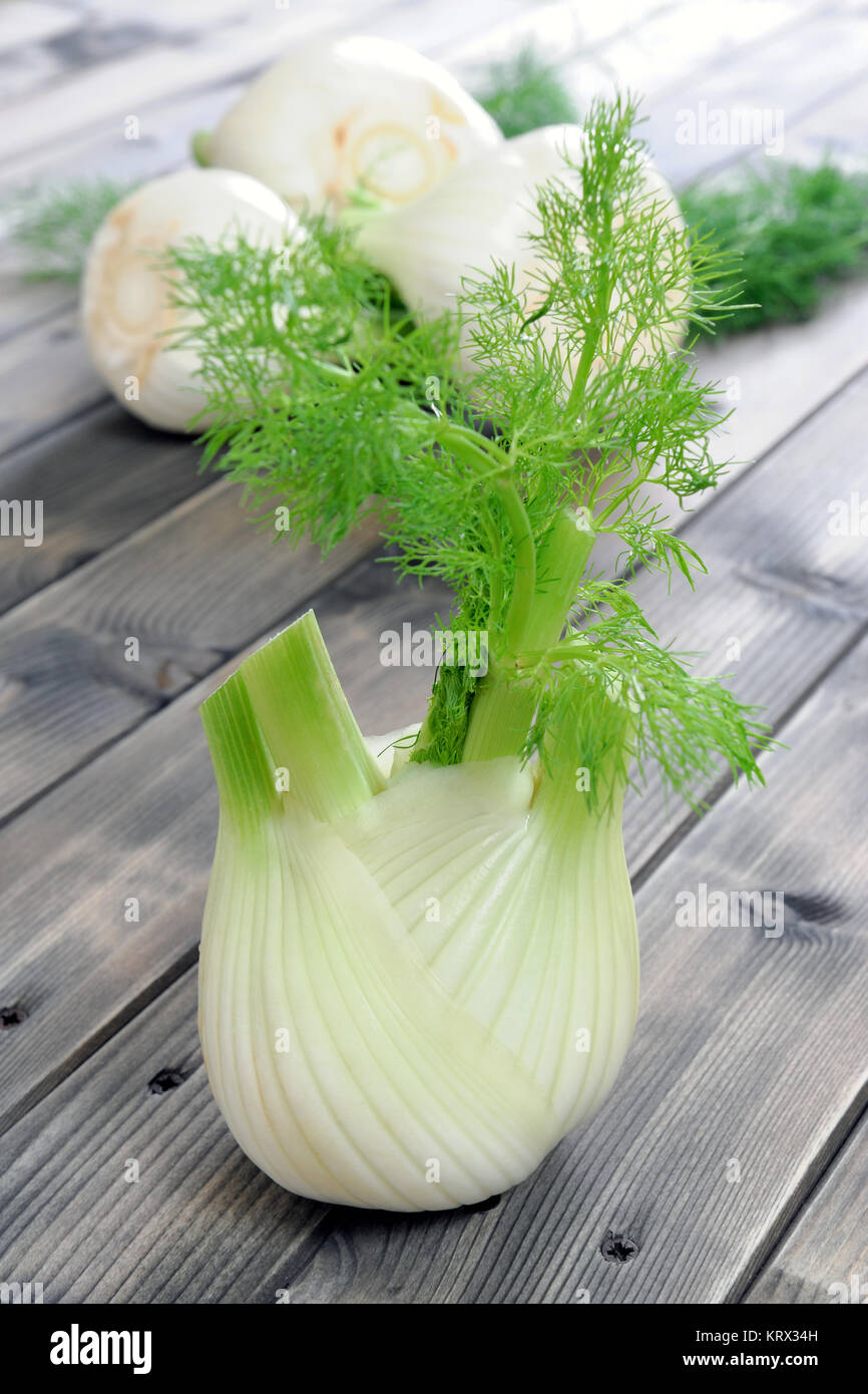Fresh fennel organic production, photographed on wooden table Stock ...