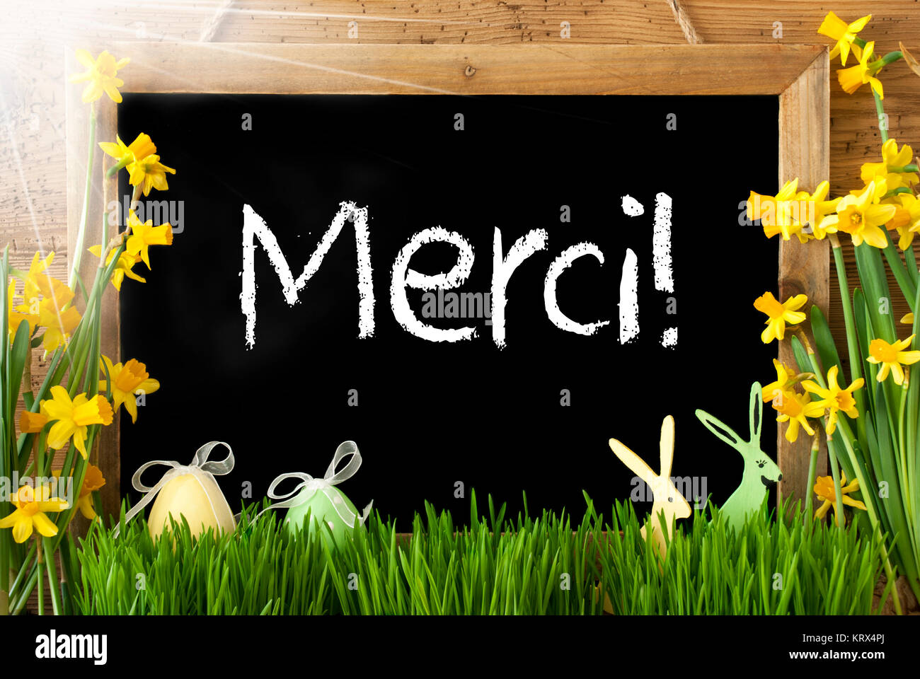 Blackboard With French Text Merci Means Thank You. Sunny Spring Flowers ...