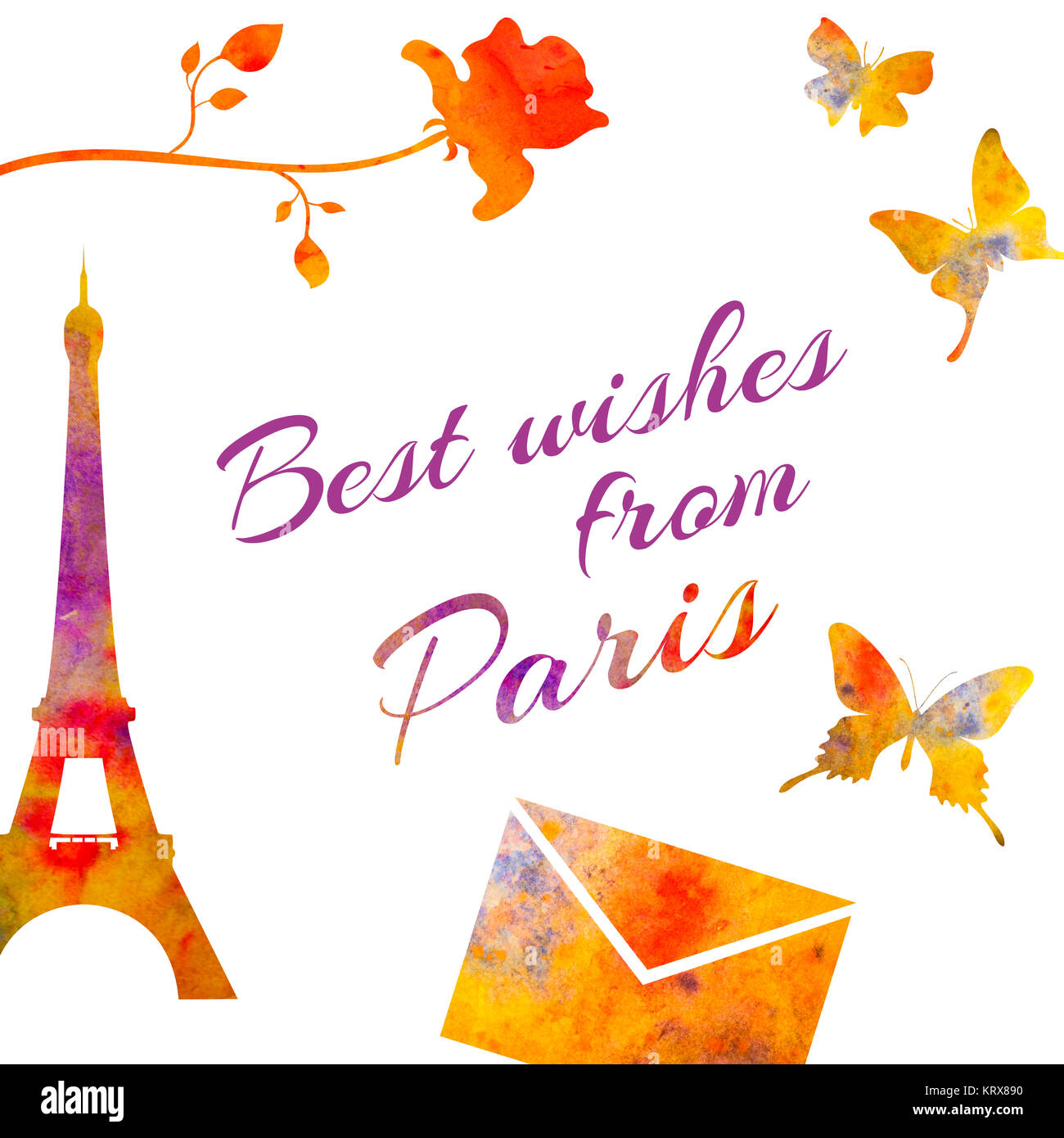 Paris. Set of watercolor objects. Tower, rose, letter, envelope etc ...