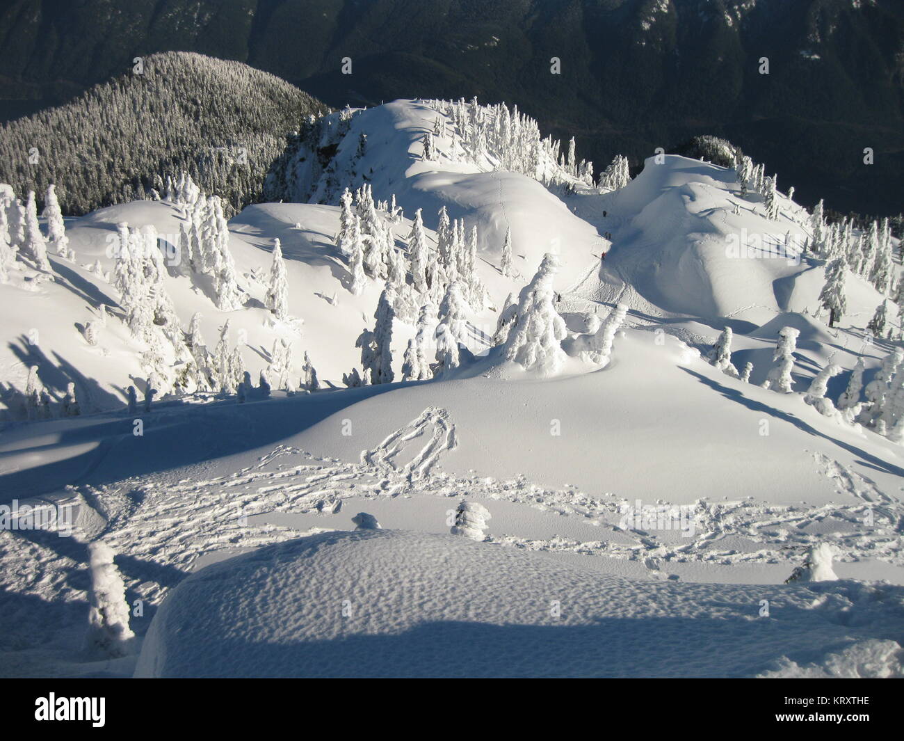 winter scene with snow tracks and interesting snow sculptures Stock ...