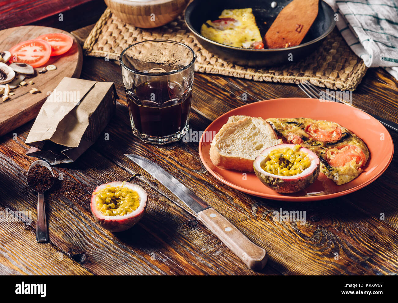 Coffee, Omelette and Granadilla for Breakfast Stock Photo - Alamy
