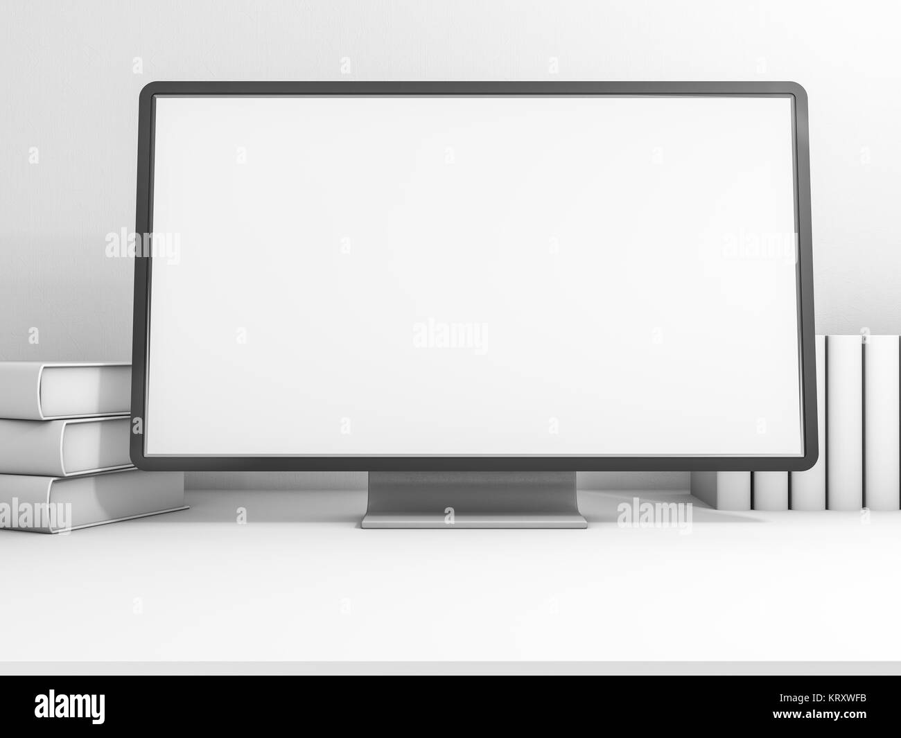 Computer On Workspace Table Showing Blank White Screen 3d Rendering