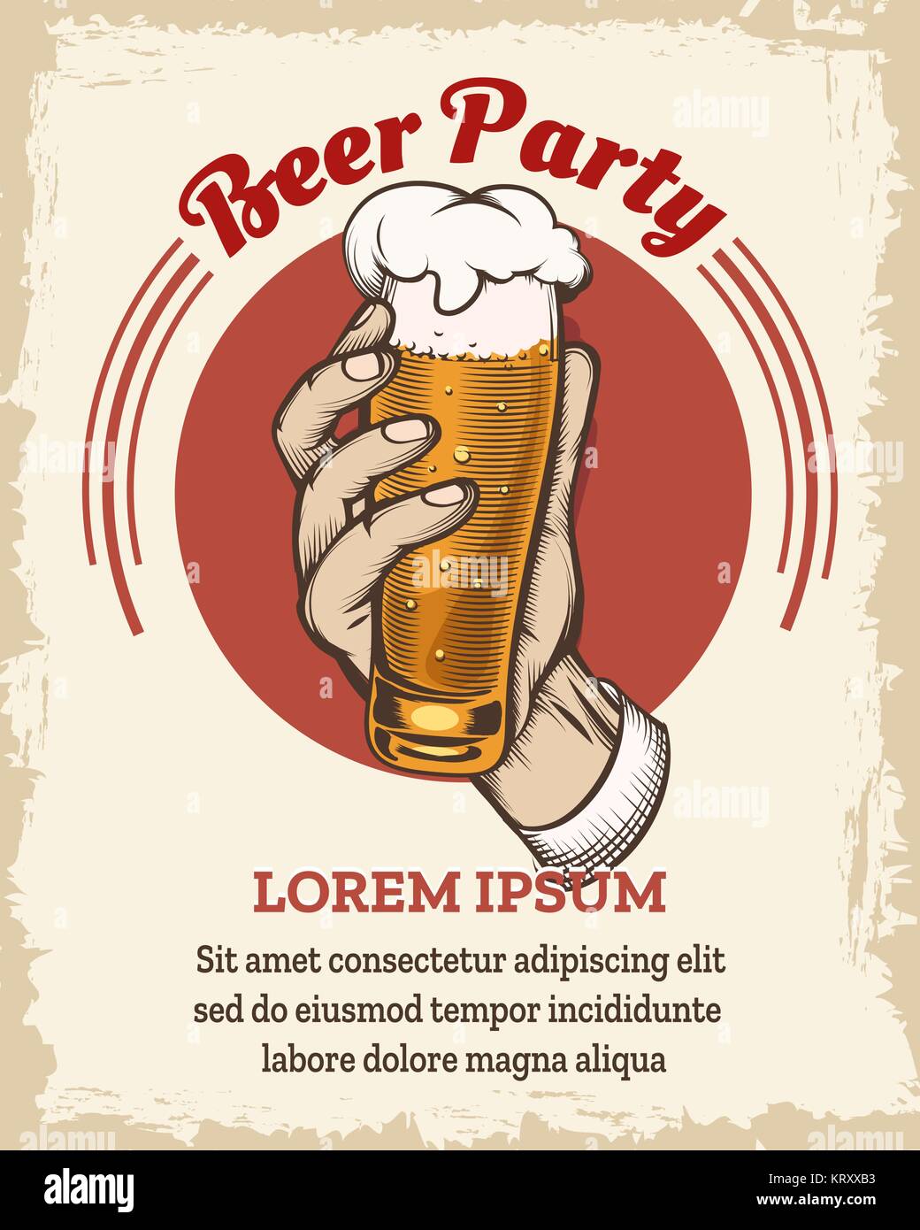 Beer retro poster. Drink party placard with beer glass and hand in ...