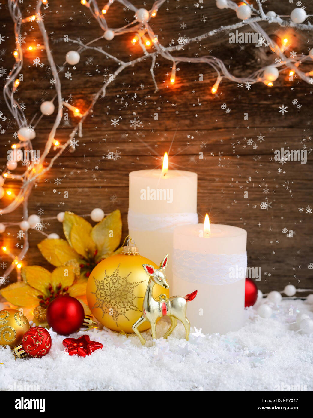 Christmas candles with Christmas ornaments and Christmas lights Stock ...