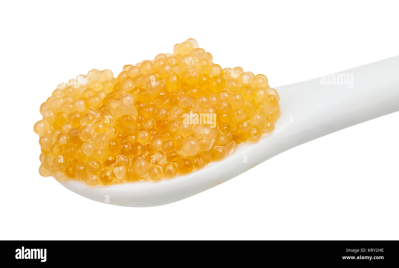 yellow caviar of pike fish in ceramic spoon Stock Photo - Alamy