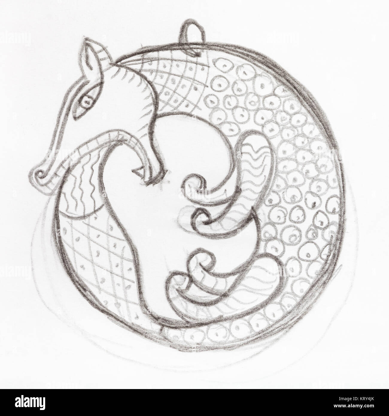 pendant sketch - fox biting its tail Stock Photo - Alamy