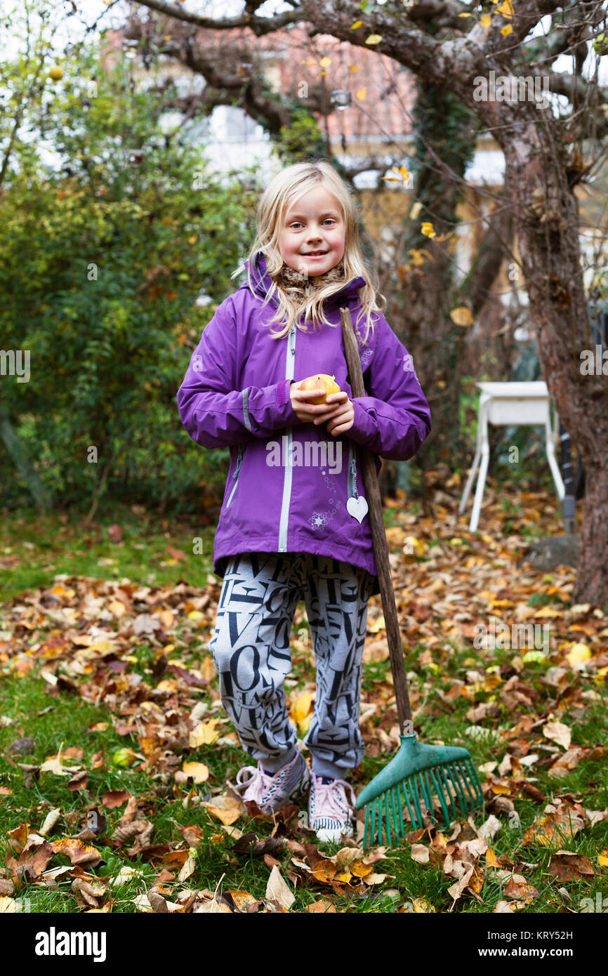 Girl raking leaves Stock Photo - Alamy