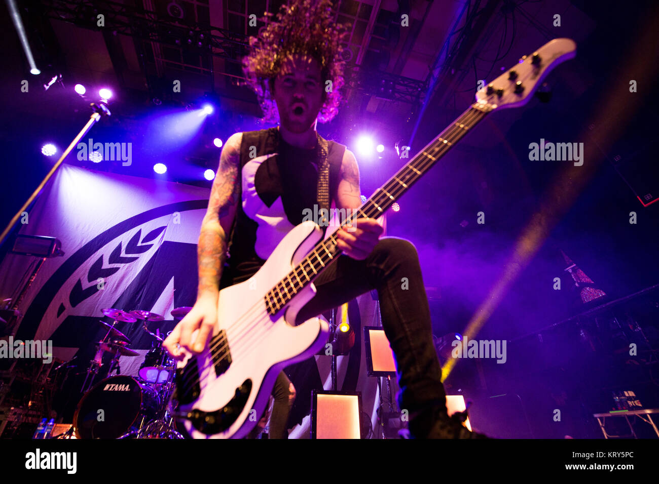 The English metalcore band Asking Alexandria performs a live concert at ...