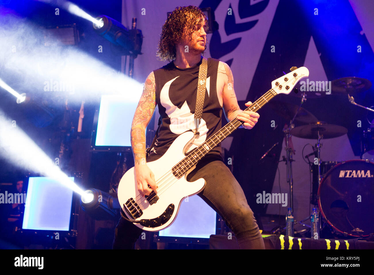 The English metalcore band Asking Alexandria performs a live concert at ...