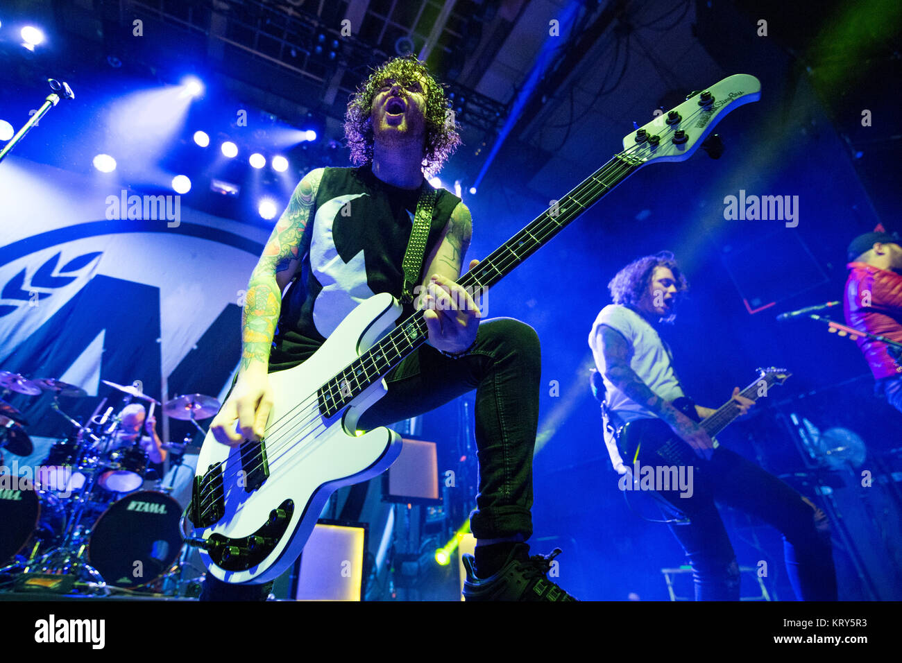 The English metalcore band Asking Alexandria performs a live concert at ...