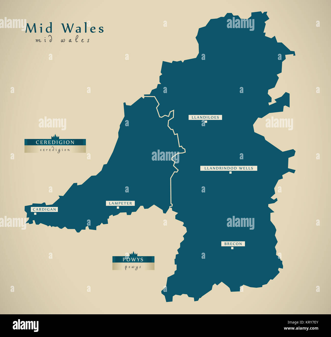 Modern Map - Mid Wales UK illustration Stock Photo - Alamy