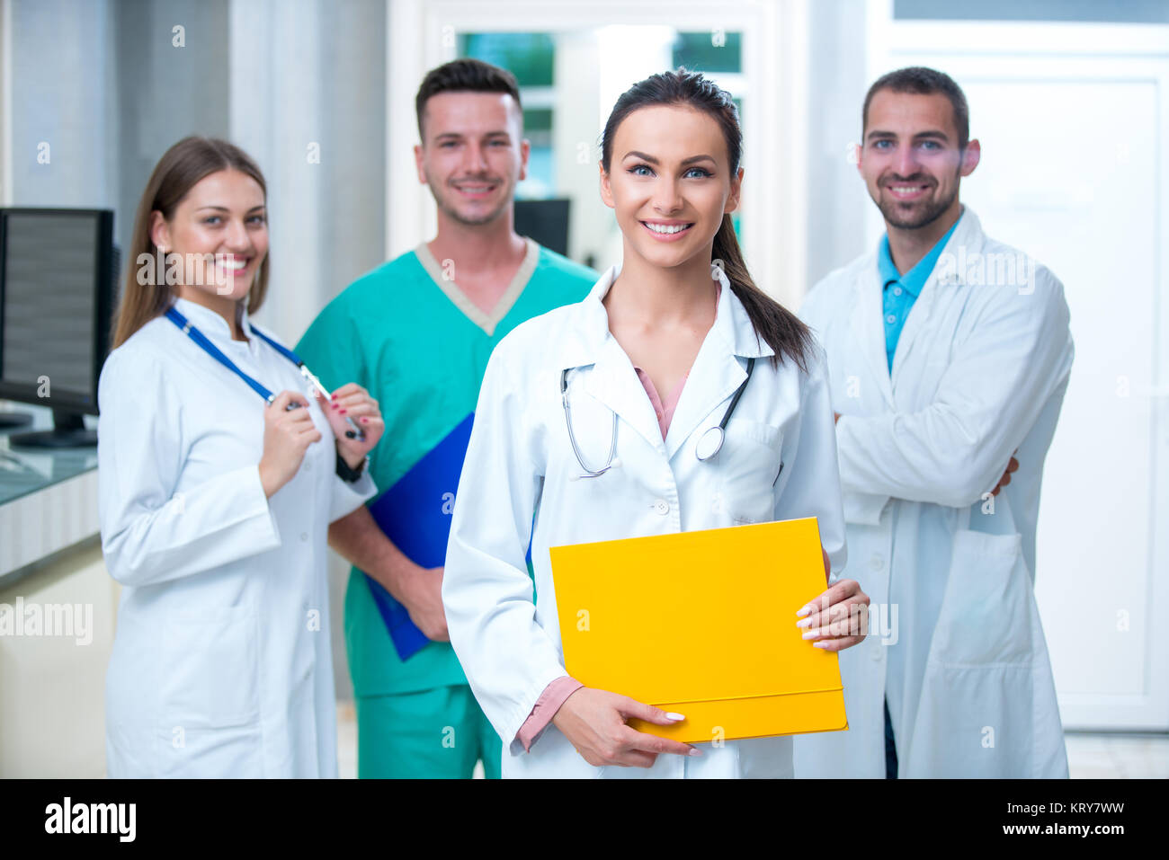 clinic, profession, people, health care and medicine concept - happy ...