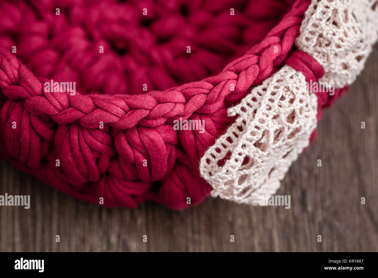 Colorful Decorative Knitted Baskets with Ribbons Stock Photo - Alamy