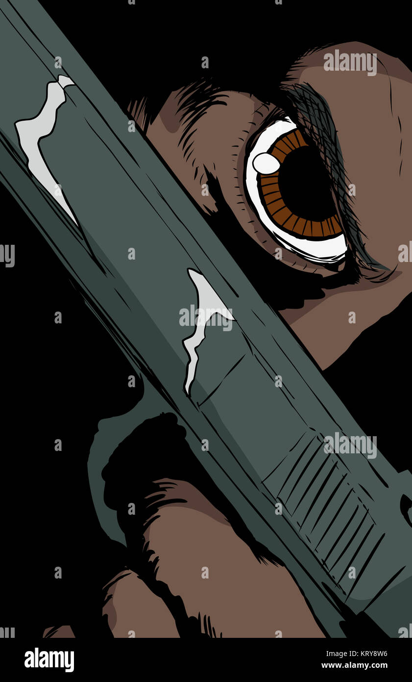 Dark skinned person holding pistol close to face Stock Photo - Alamy