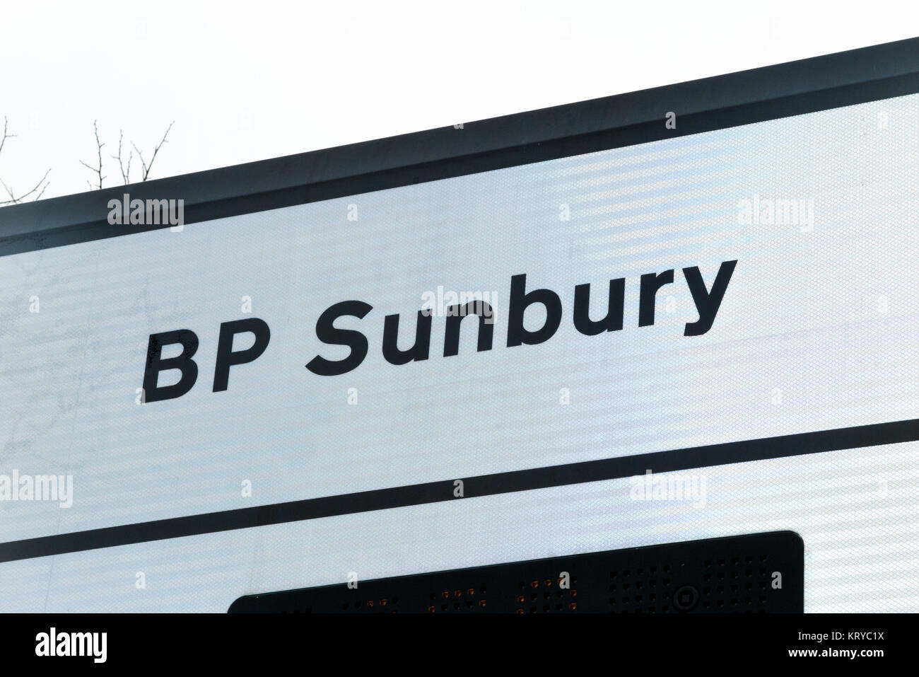 BP Sunbury sign at BP Business Park offices of BP PLC, at the Sunbury ...