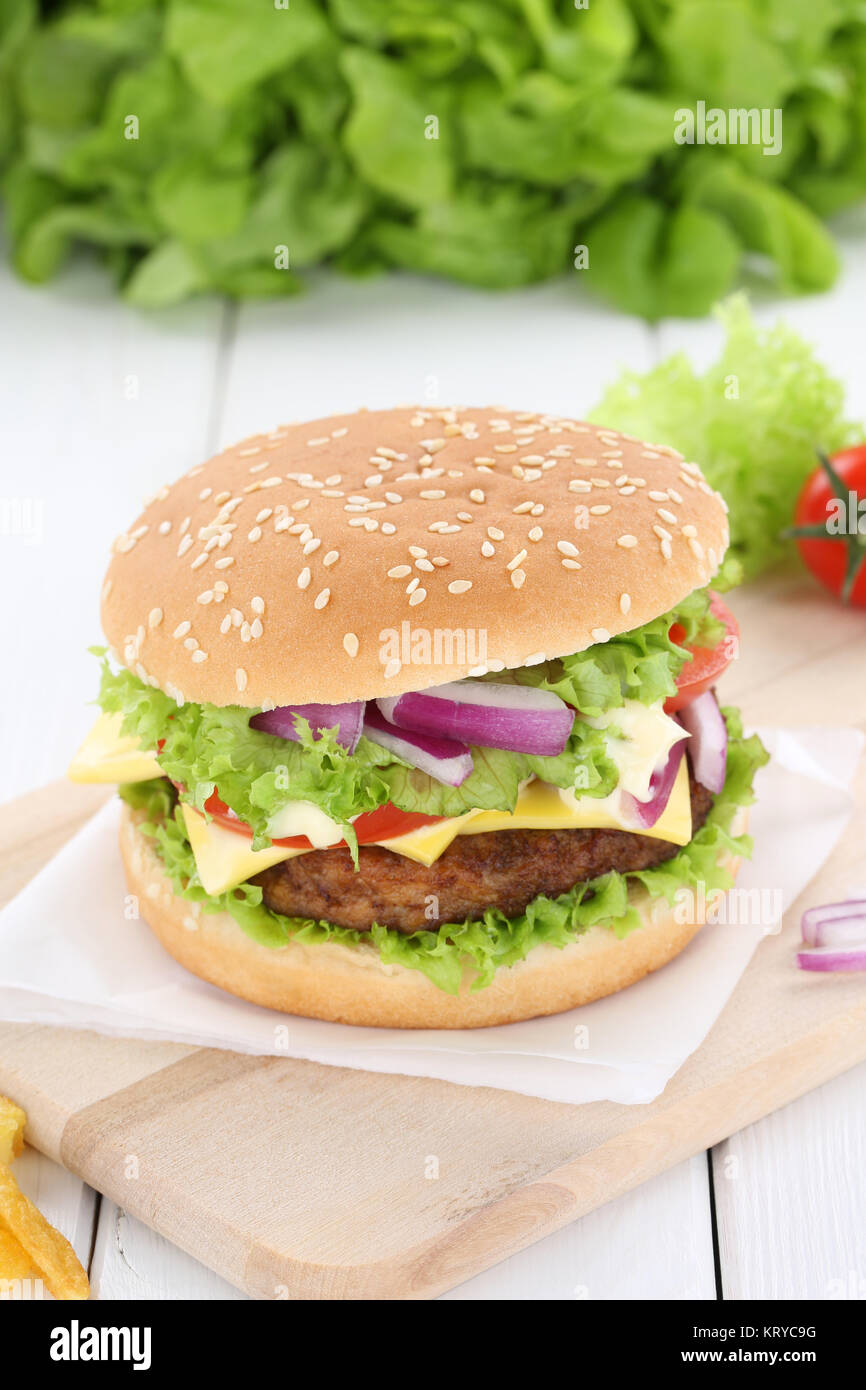 cheeseburger hamburger fresh meat cheese tomato salad Stock Photo - Alamy
