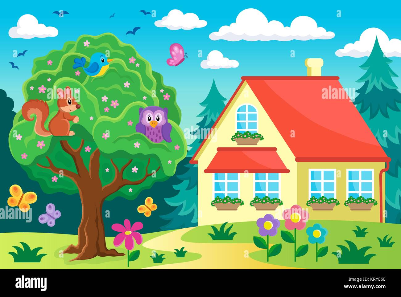 Tree with animals near house Stock Photo - Alamy