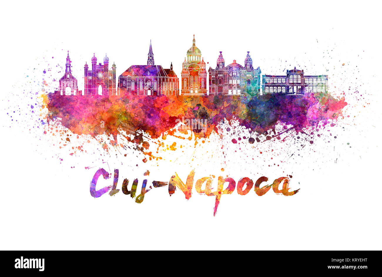 Cluj-Napoca skyline in watercolor splatters with clipping path Stock ...