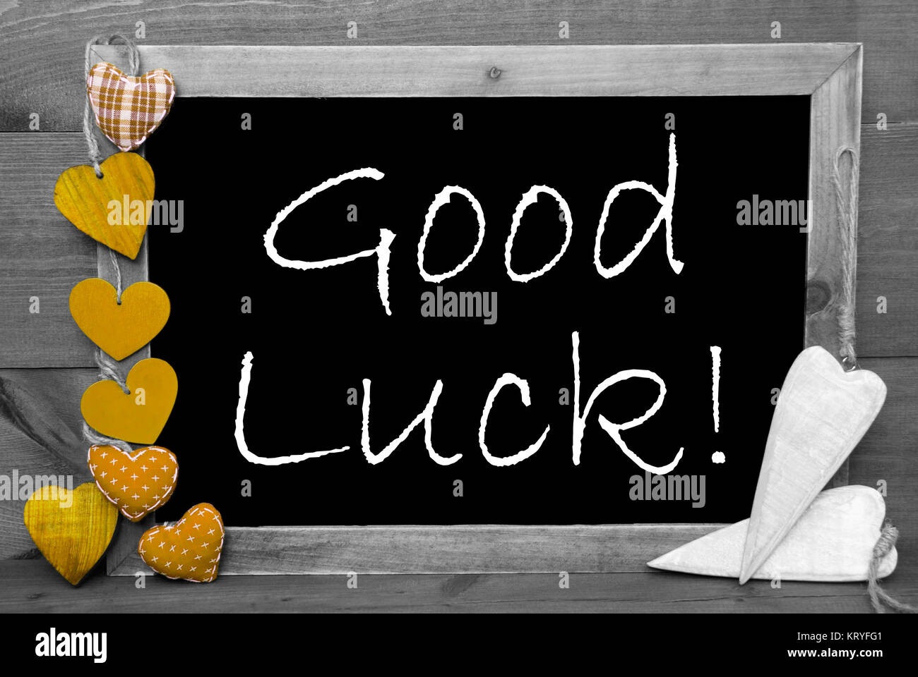 Chalkboard With English Text Good Luck. Yellow Hearts. Wooden ...