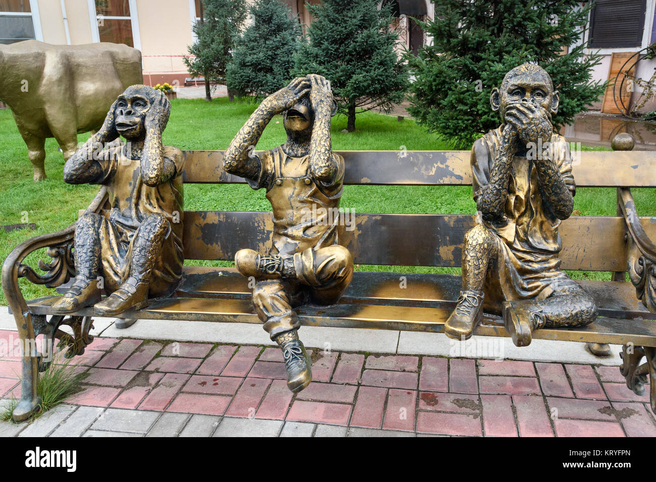 Irkutsk, Russia- Aug 14, 2017: Sculpture of the three monkeys See ...